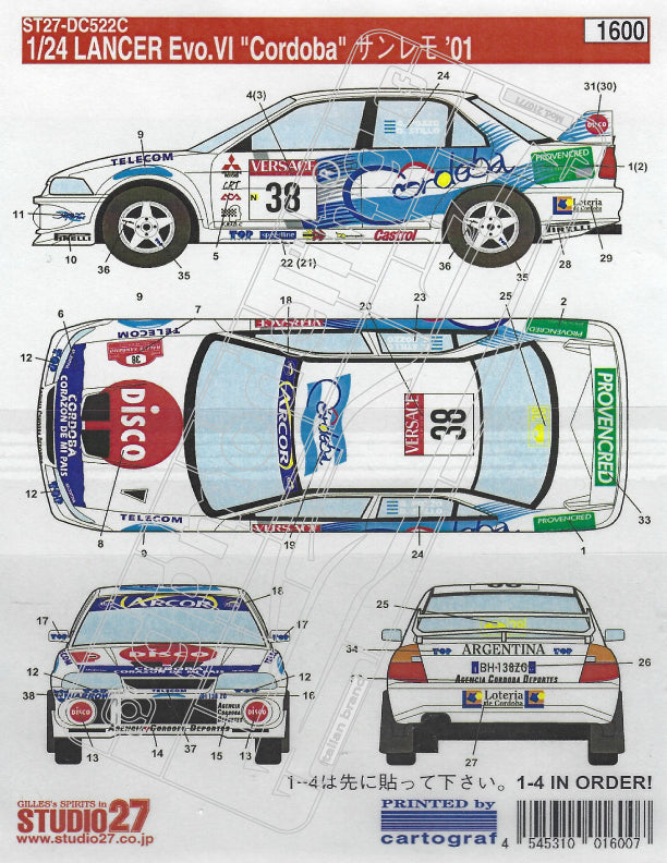 Decals Mitsubishi Lancer Evo VI Cordoba SANREMO - GPmodeling